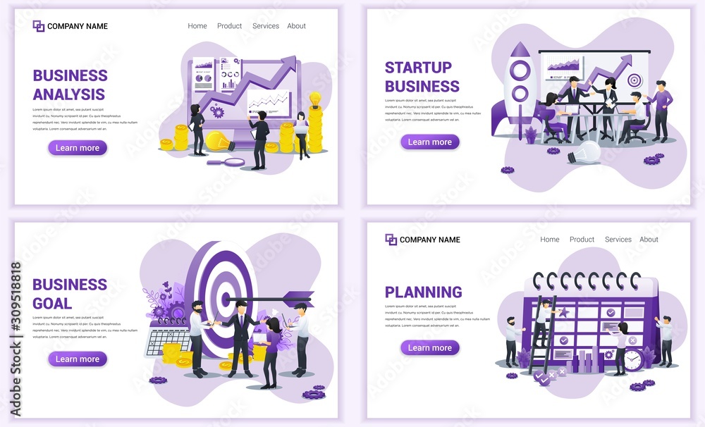 Set of web page design templates for business analysis, target business ...