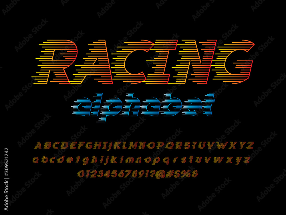 Speed style alphabet design with uppercase, lowercase, numbers and ...