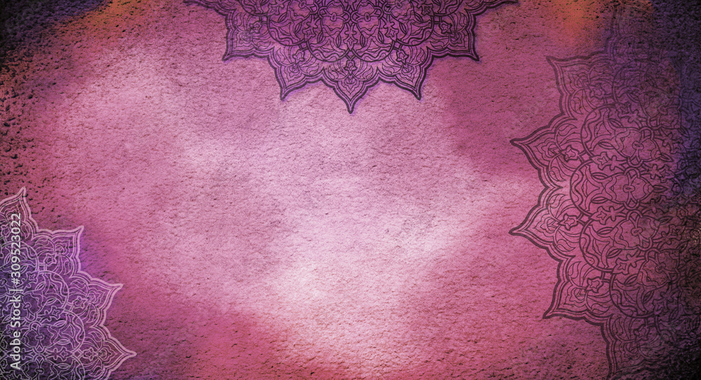 Muted burgundy and purple textured watercolor background with mandalas ...