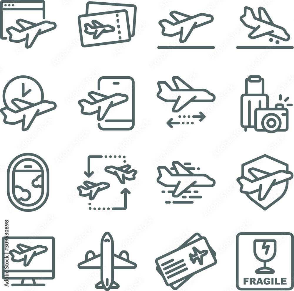 Travel with airplane icons set vector illustration. Contains such icon ...