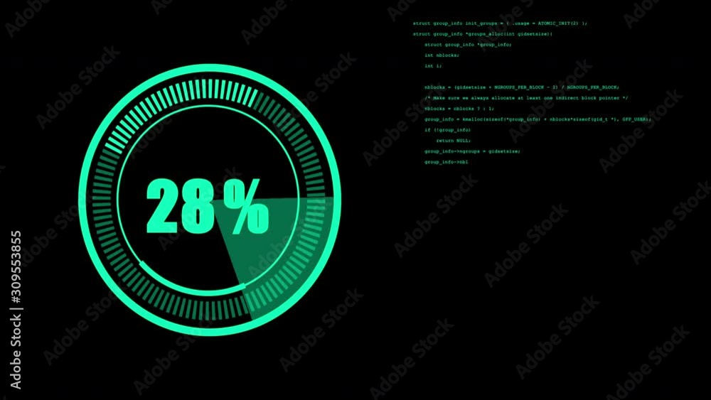 Green 2D digital HUD graphic progress display and text typing on black ...