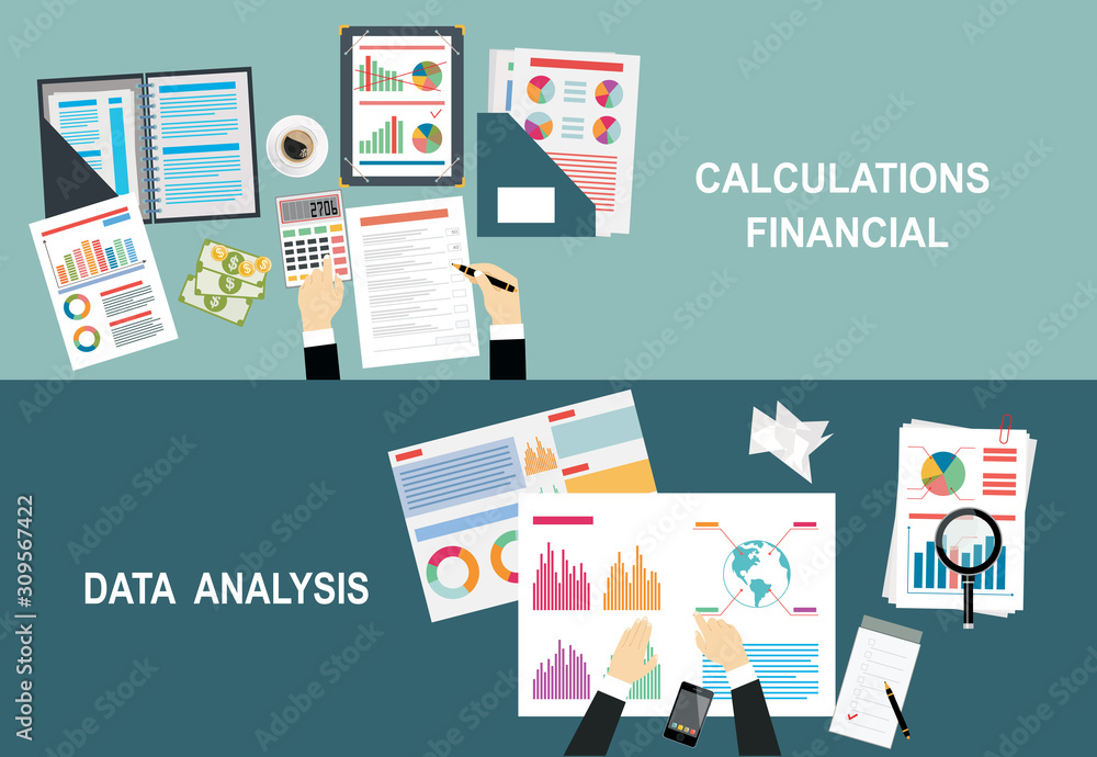 Analyzes data. Analysis concept, flat design. Process research ...