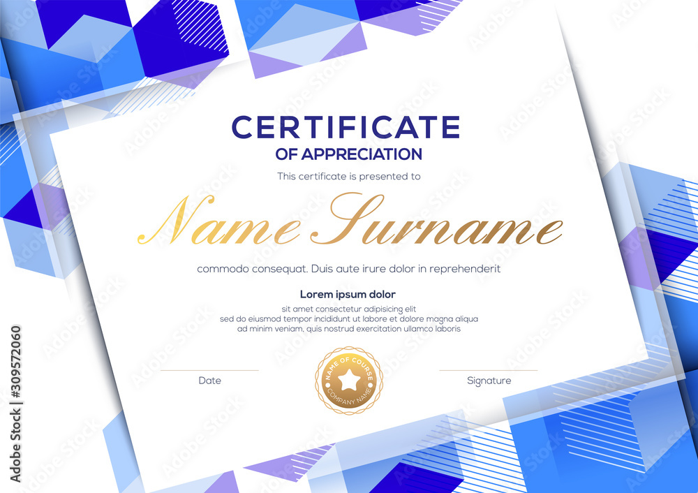 modern certificate of completion template with blue abstract cube shape ...