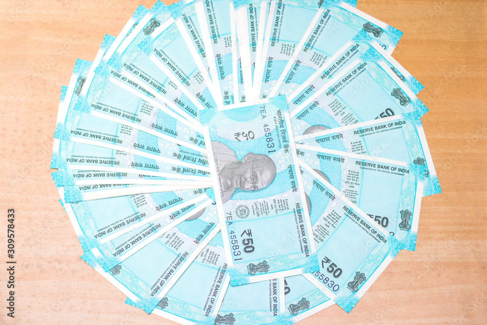 Indian currency fifty rupees new notes arranged in a beautiful way ...