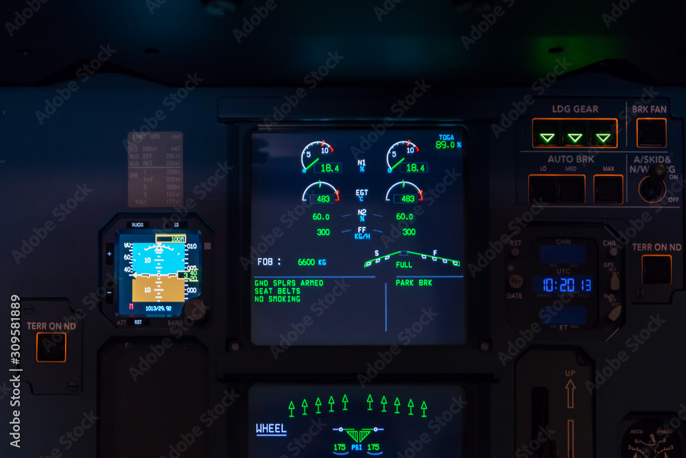 Airplane buttons in the cockpit simulator Stock Photo | Adobe Stock