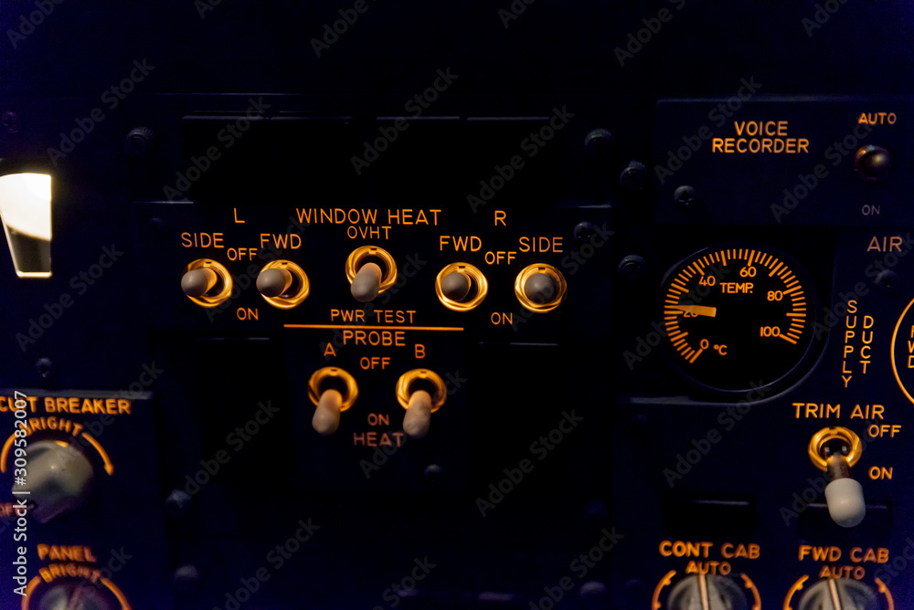 Airplane buttons in the cockpit simulator foto de Stock | Adobe Stock