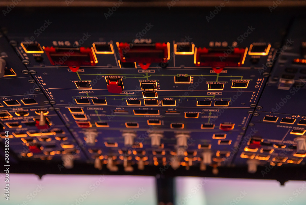 Airplane buttons in the cockpit simulator Stock Photo | Adobe Stock