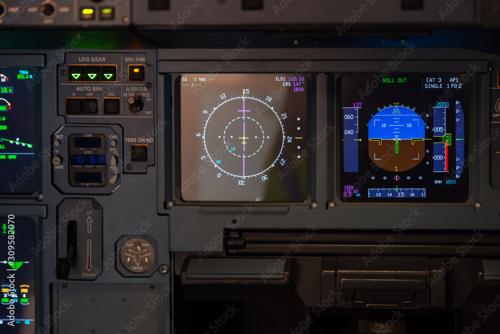 Airplane buttons in the cockpit simulator Stock Photo | Adobe Stock
