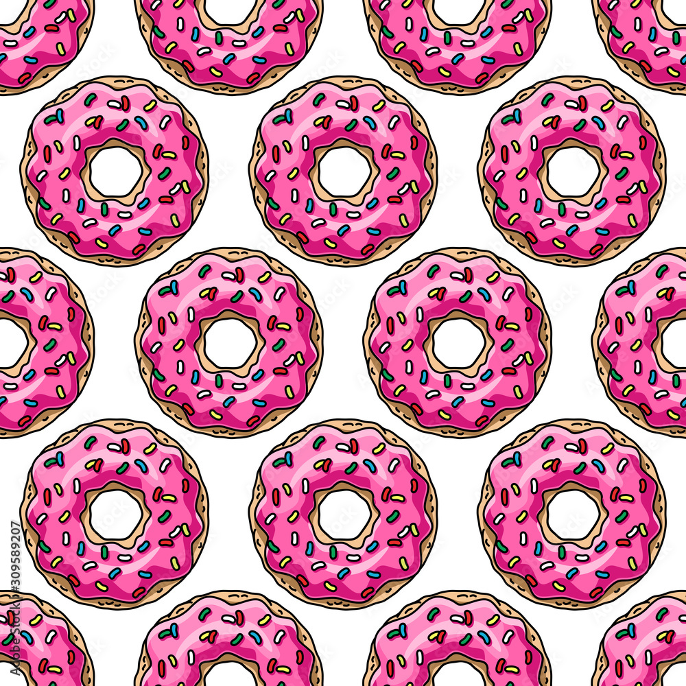 Cartoon donuts with pink glaze and colored sprinkles on white ...