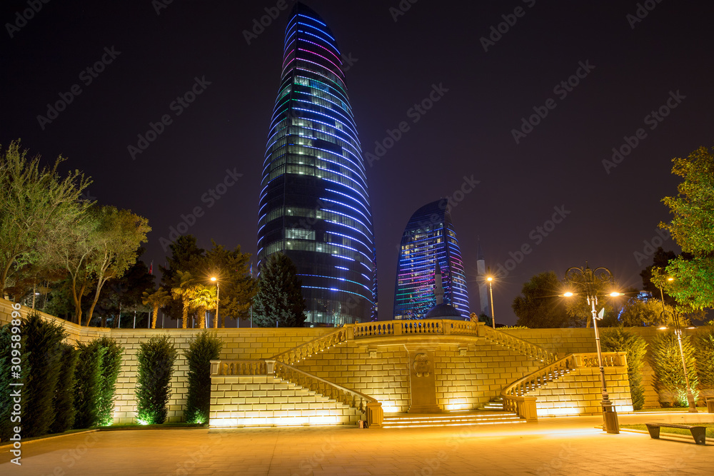 Night view of the Flame Towers. Flame Towers are new skyscrapers in ...