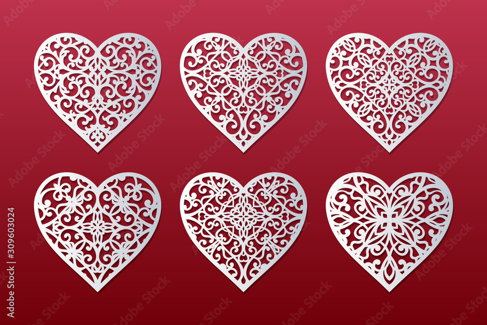 Laser cut hearts set with lace pattern. Templates for interior design ...