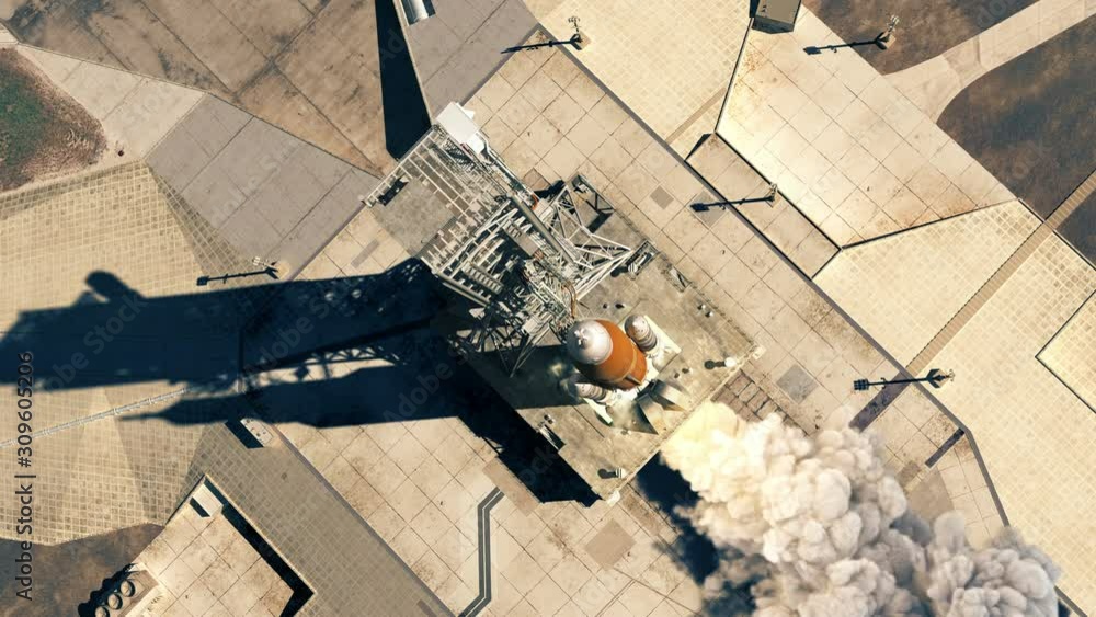 Launch Of Heavy Carrier Rocket (Space Launch System). Aerial View. Slow ...