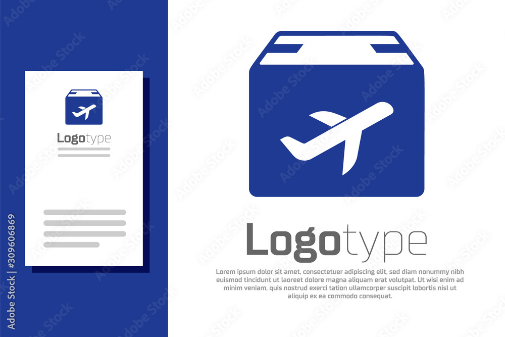 Blue Plane and cardboard box icon isolated on white background ...
