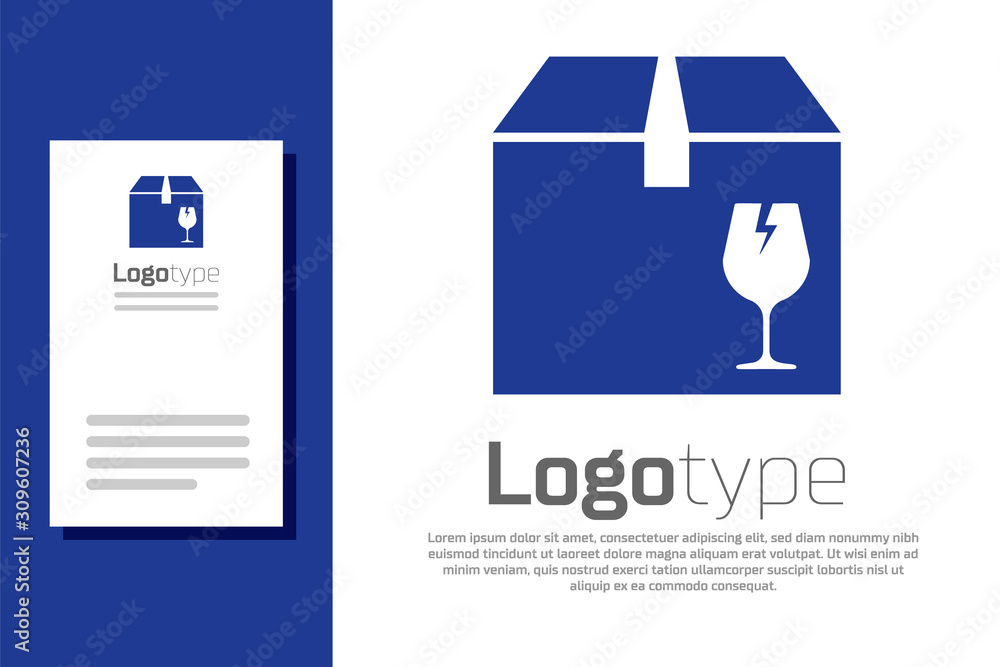 Blue Delivery package box with fragile content symbol of broken glass icon isolated on white ...