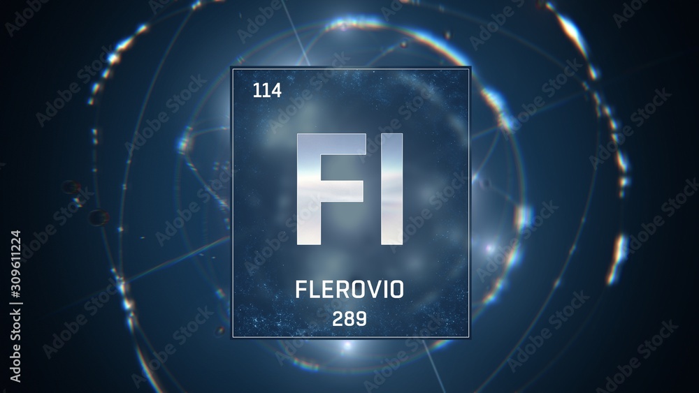 3D illustration of Flerovium as Element 114 of the Periodic Table. Blue ...