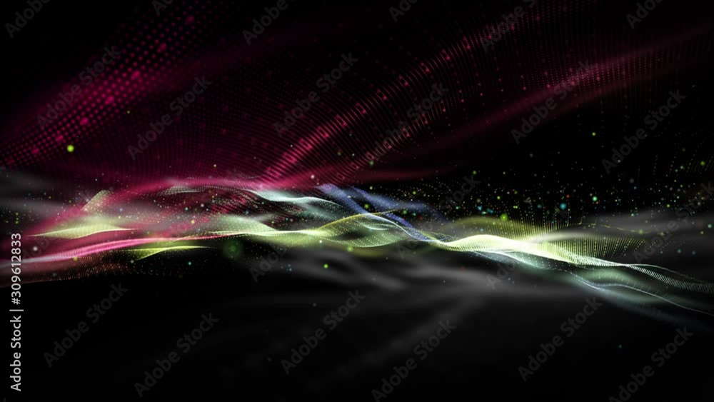 Futuristic animation with wave object and glitter particles in slow ...