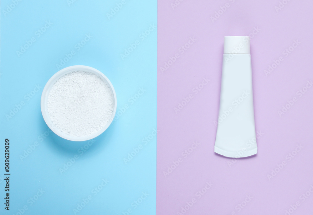 Minimalistic oral hygiene concept. Tube of toothpaste, tooth powder on ...