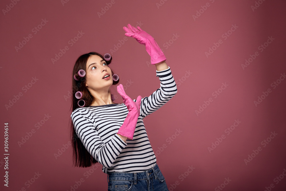 Beautiful scared lady raised her hands up. Stock Photo | Adobe Stock