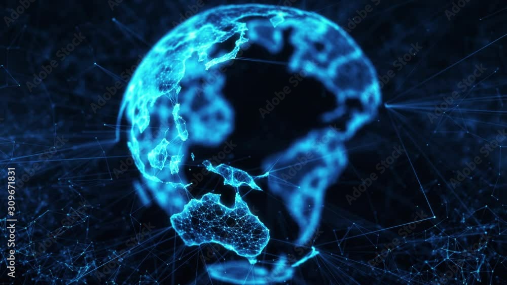 Blue Digital Globe with big data social network. Earth hologram flying ...