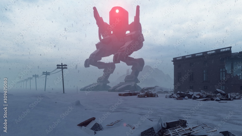A huge military robot stands in the middle of the ruined apocalyptic ...