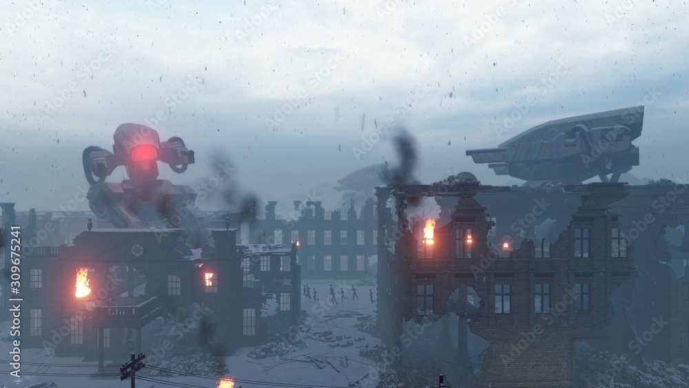 Huge military robots are shelling the destroyed post-apocalyptic city. View of the Apocalypse ...