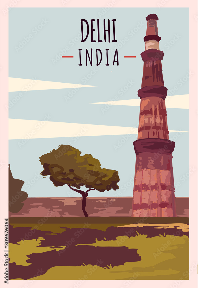 Delhi retro poster. Delhi travel illustration. States of India Stock ...
