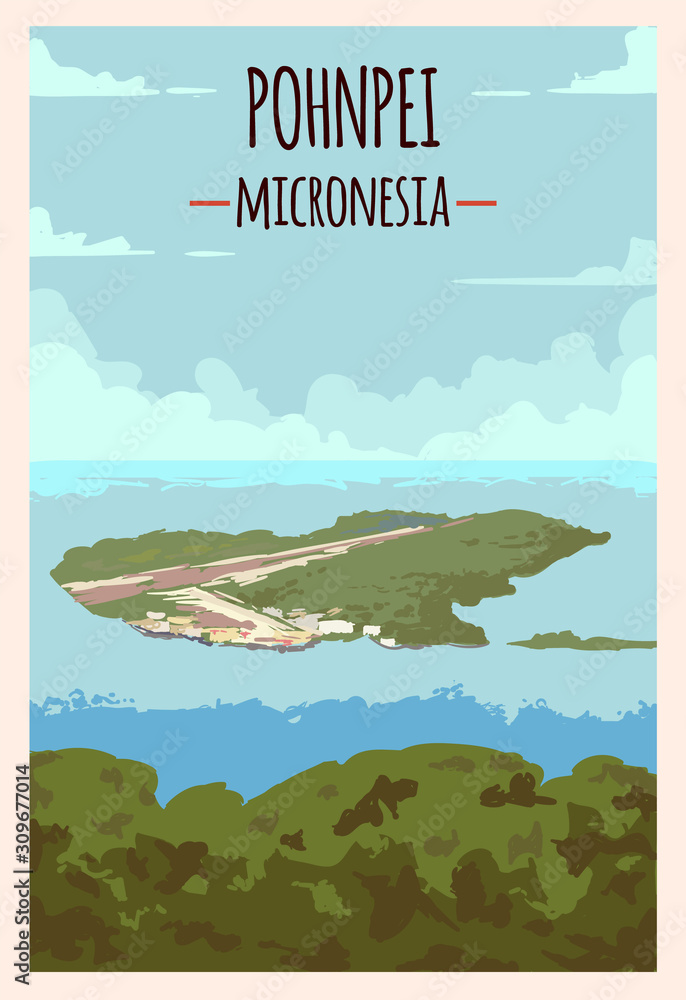 Pohnpei retro poster. Pohnpei island travel illustration. States of ...