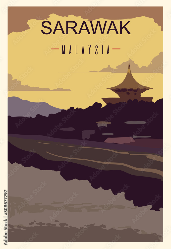 Sarawak retro poster. Sarawak travel illustration. States of Malaysia ...