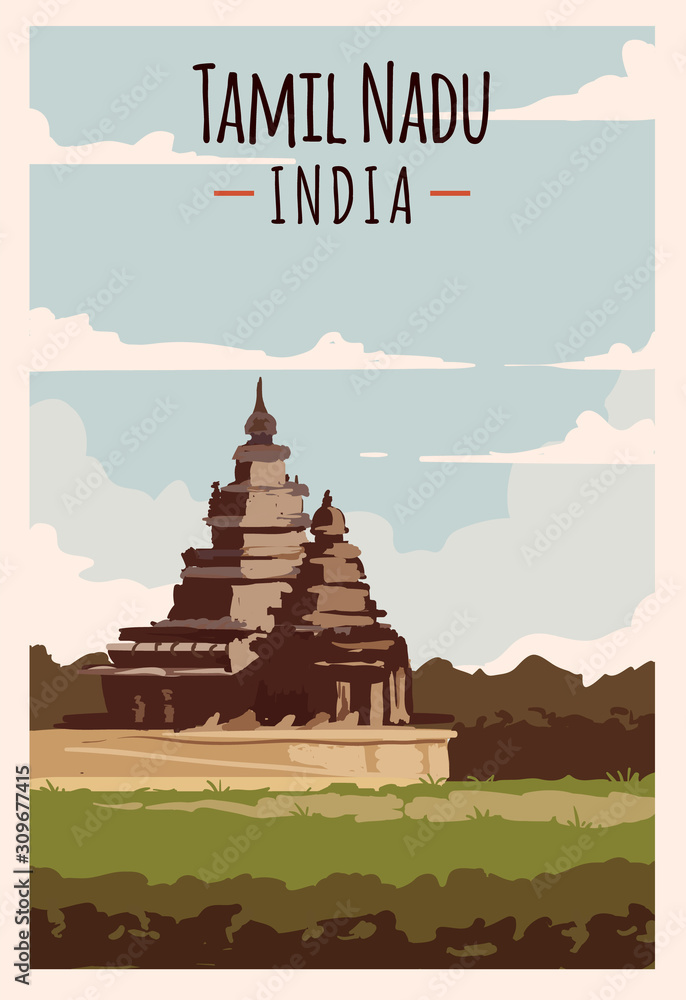 Tamil Nadu retro poster. Tamil-Nadu travel illustration. States of ...