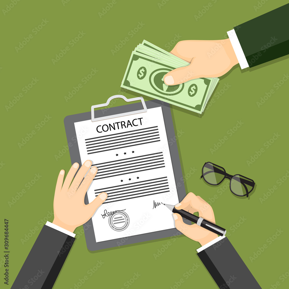 signing contract with glasses and hand giving banknotes Stock Vector ...