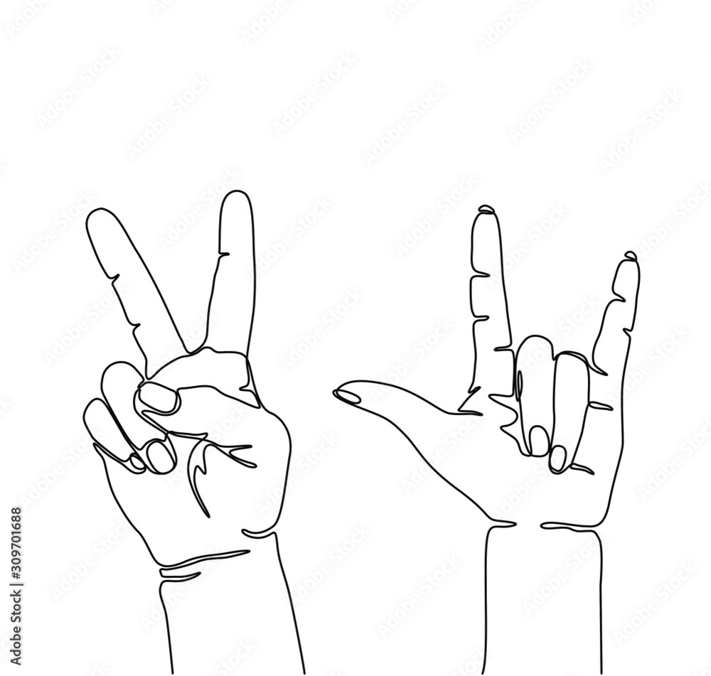 Hand make goat continuous line drawing, gesture peace, ILY, two fingers ...