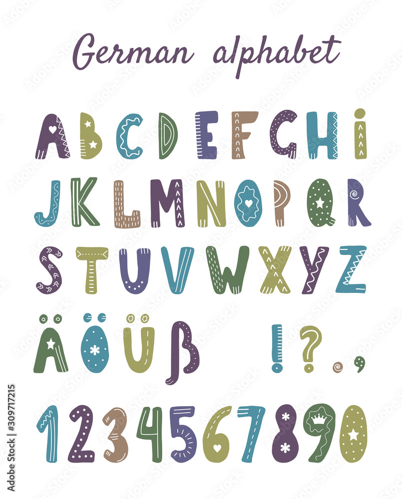 Colorful German alphabet in scandinavian style on white background ...