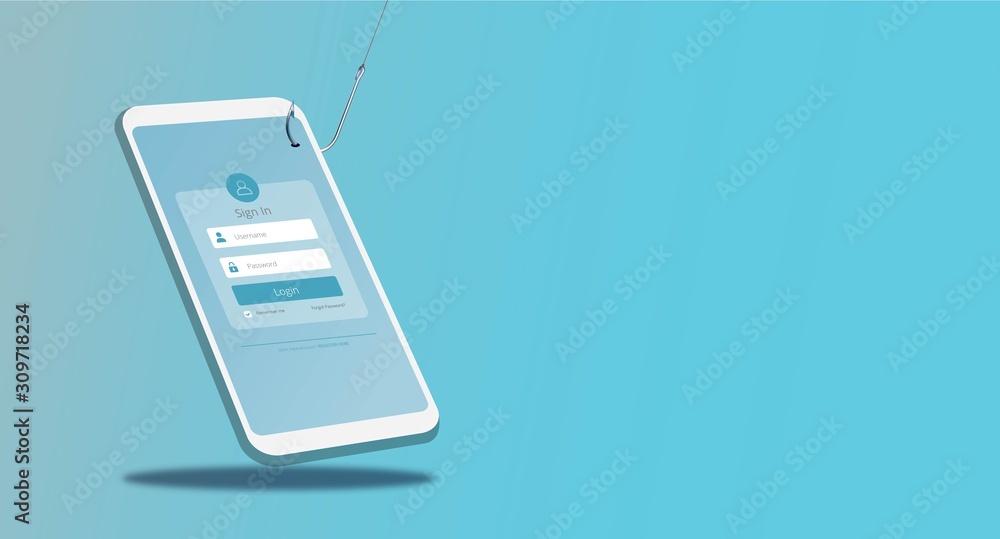 Illustration of phishing. Smartphone with a login page and fishing hook ...