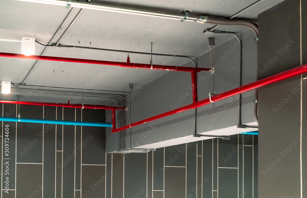 Automatic fire sprinkler safety system and red water supply pipe. Fire ...