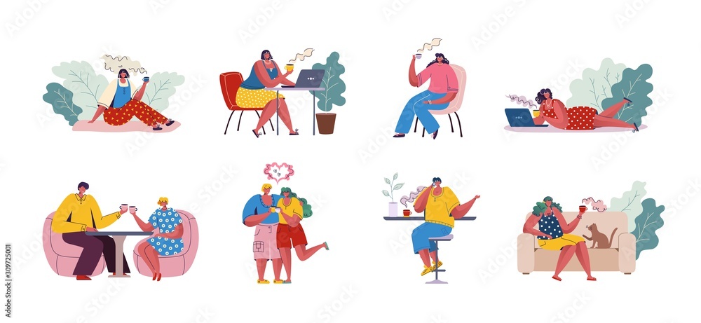 People drinking coffee. Trendy cartoon characters sitting at tables and ...