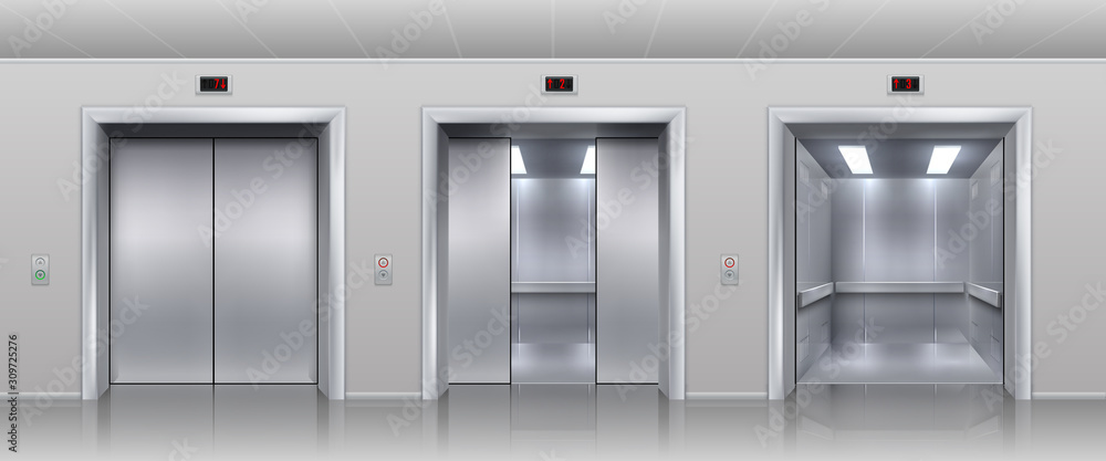 Realistic elevators. Closed open and half closed metallic cabin doors ...