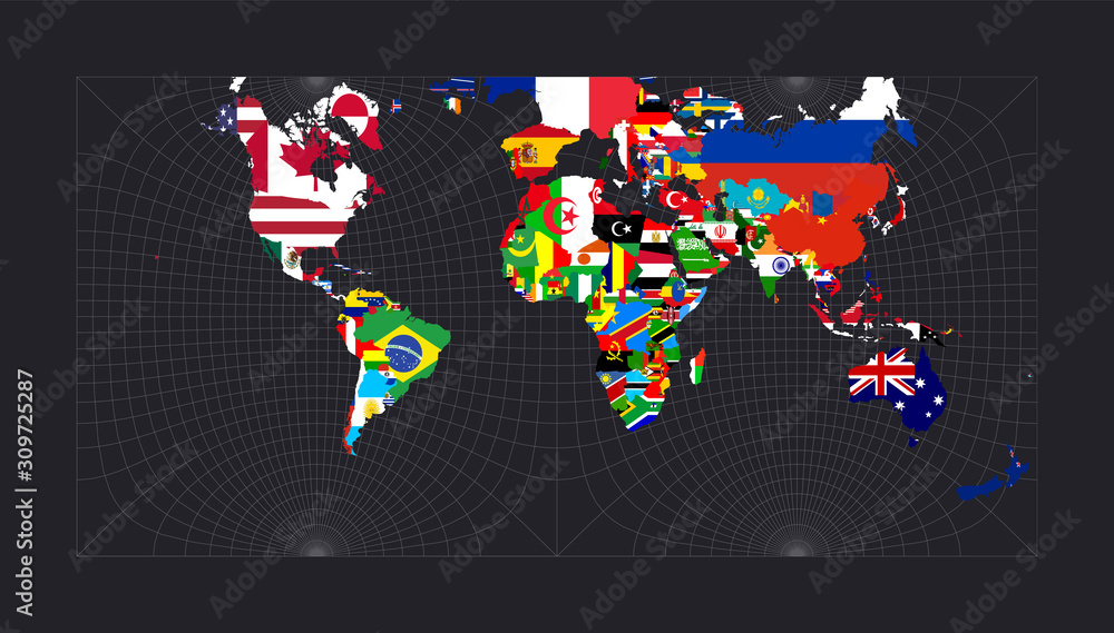 Map With Flagsofallcountries Of The World Guyou Hemisphere In A Square Projection Map Of The