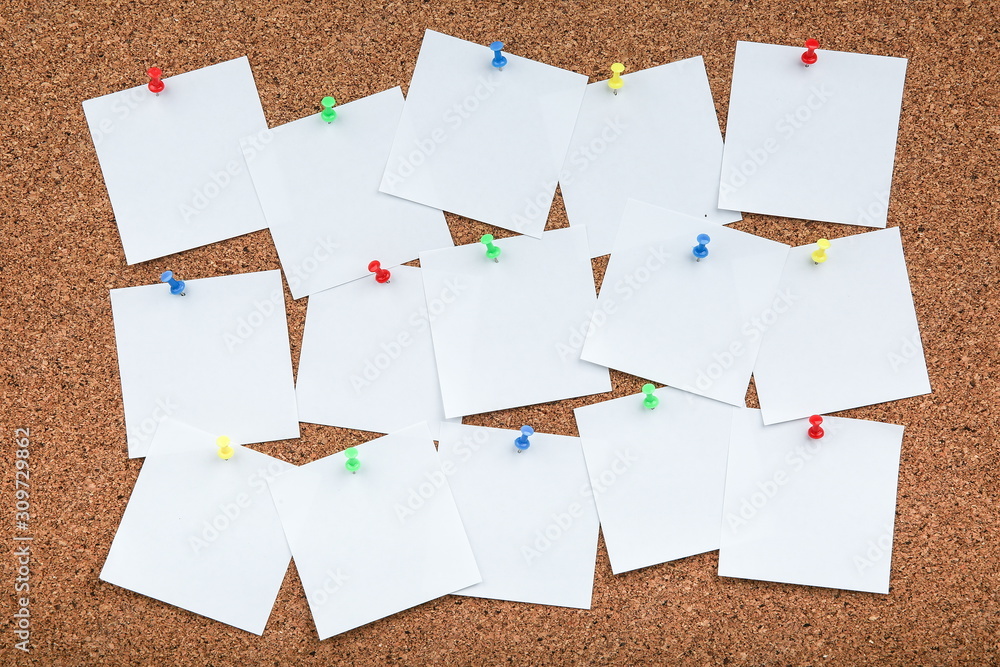 cork board with white empty notes of paper Stock Photo | Adobe Stock