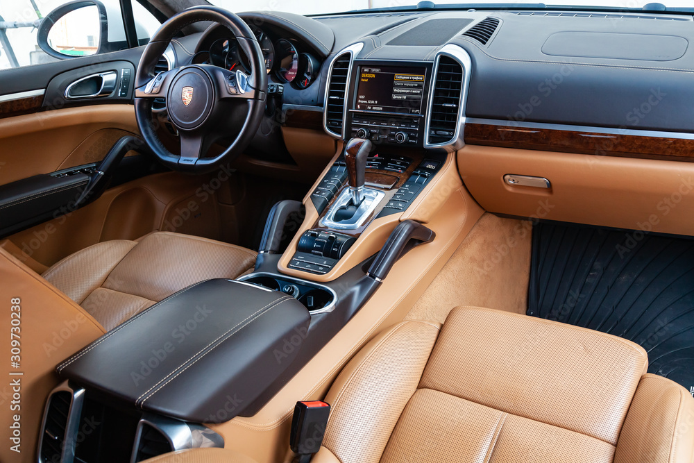 The interior of the car Porsche Cayenne 958 2011 year with a view of ...