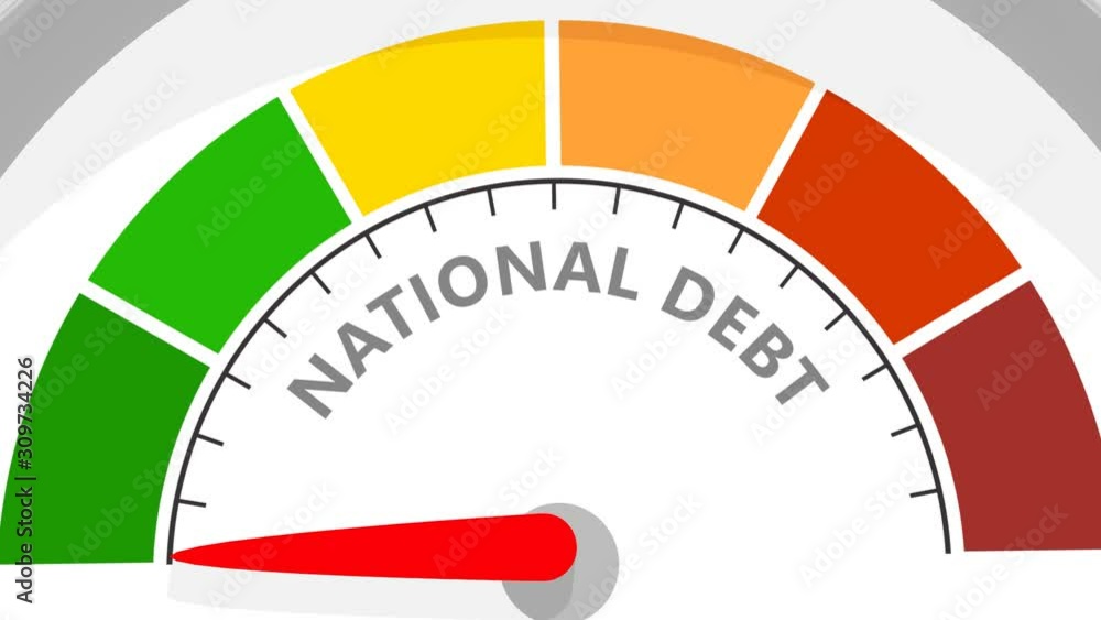 Meter read high level of national debt result. Color scale with arrow ...