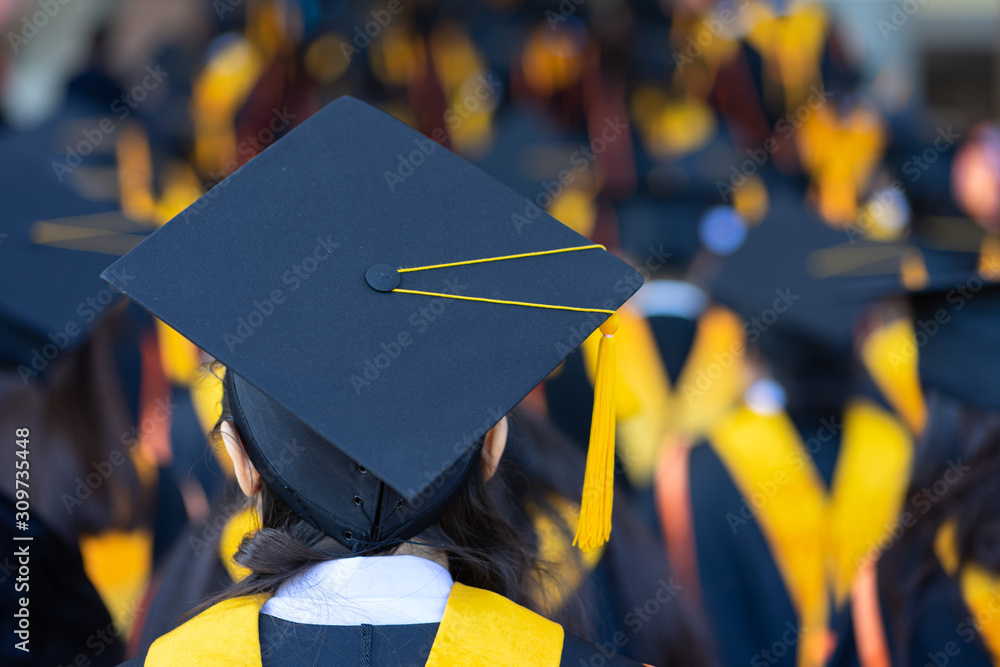 Rear view and soft selective focus of the graduates in the graduation ...