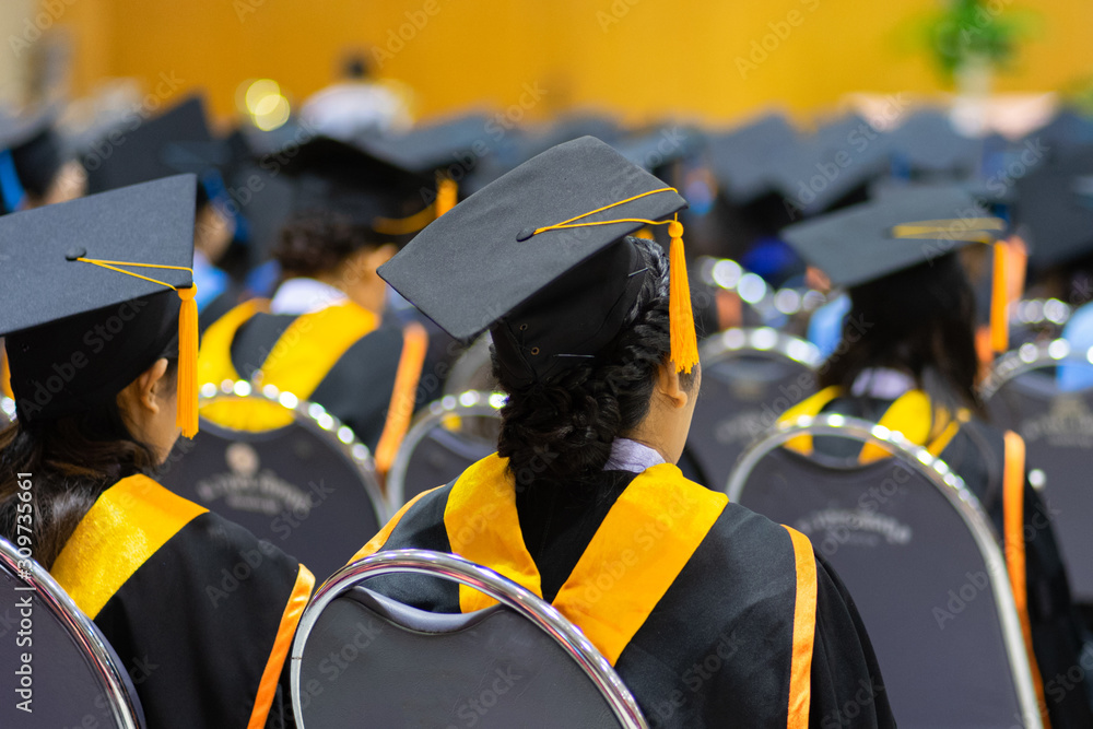 Rear view and soft selective focus of the graduates in the graduation ...