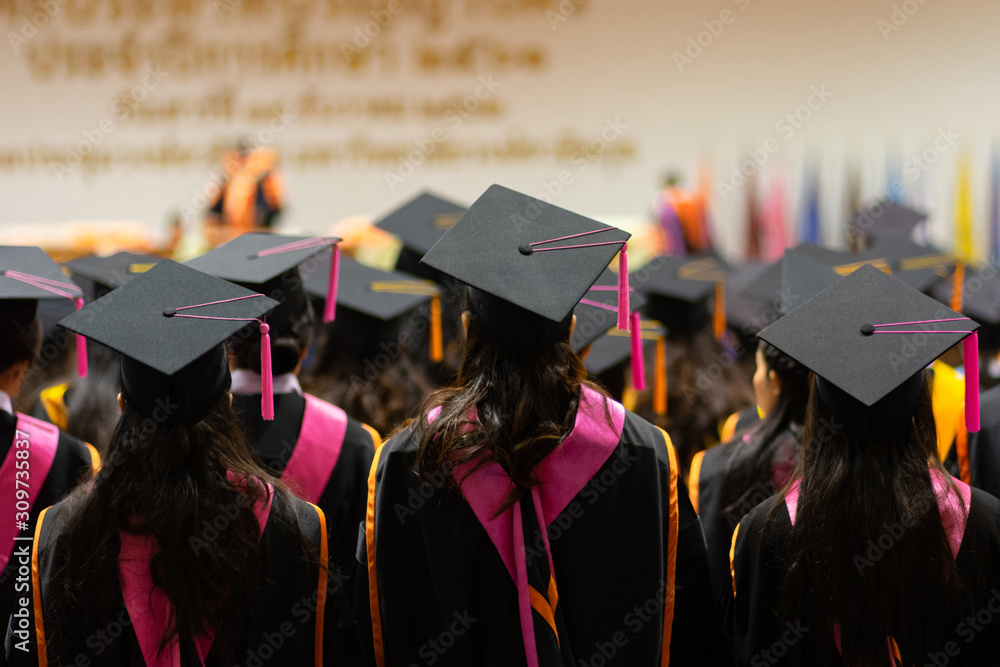 Rear view and soft selective focus of the graduates in the graduation ...