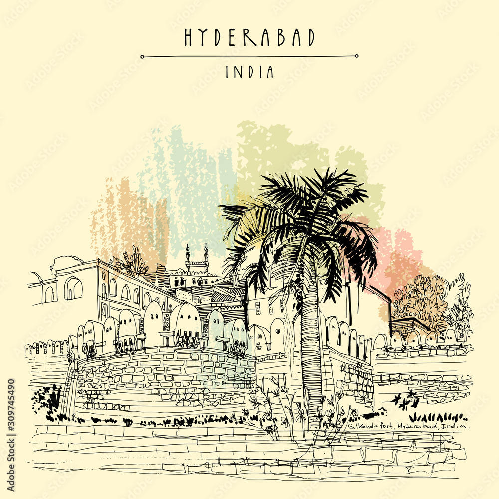 Hyderabad, Telangana state, India. Golkonda fort. Travel vintage hand ...