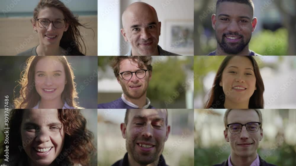 Collage of diverse people looking at camera. Multiscreen montage of ...
