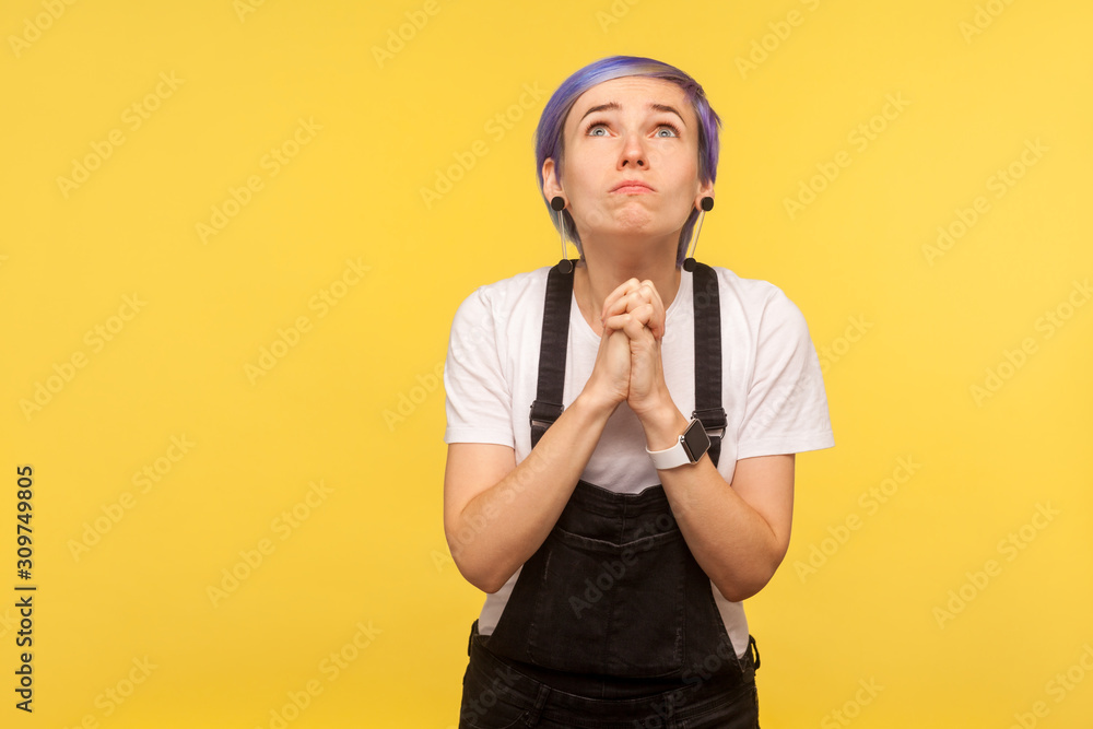 Please, I'm begging! Portrait of hipster woman with violet short hair ...
