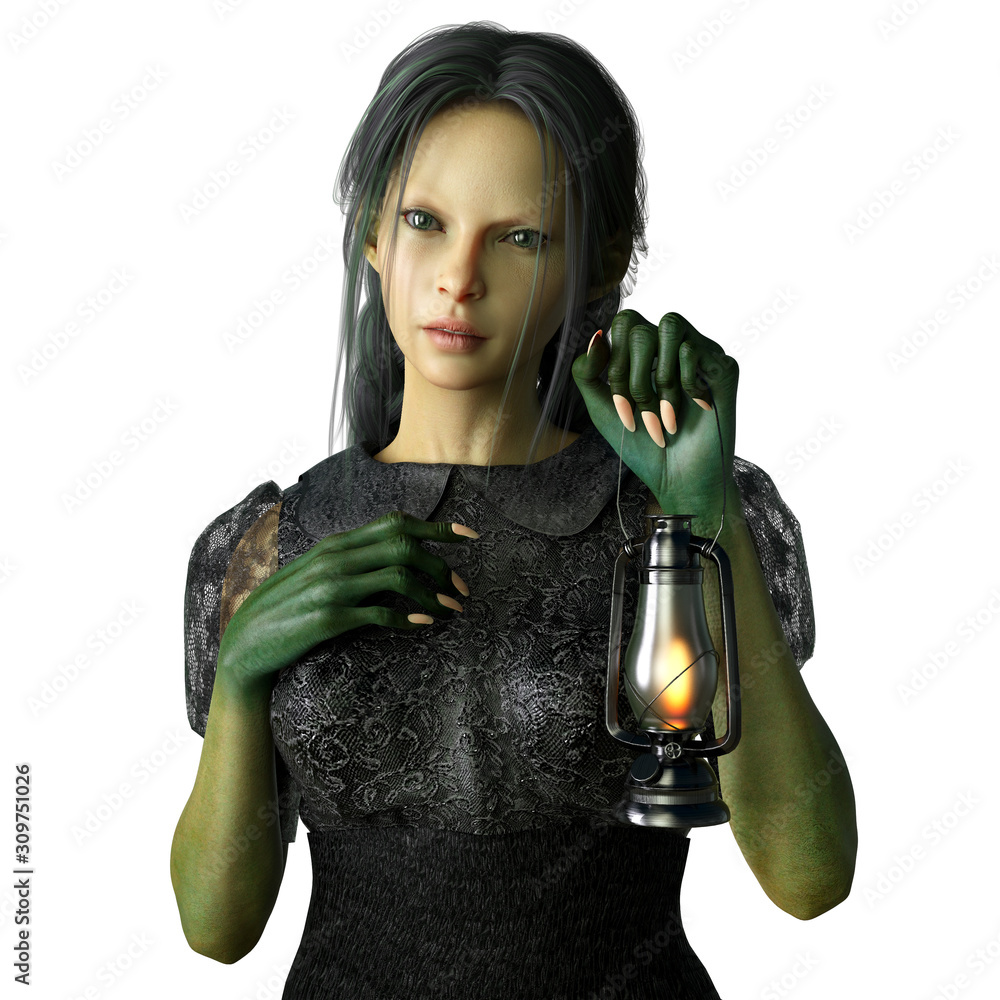Witch, sorceress, specter or other scary creature with lantern in hand ...