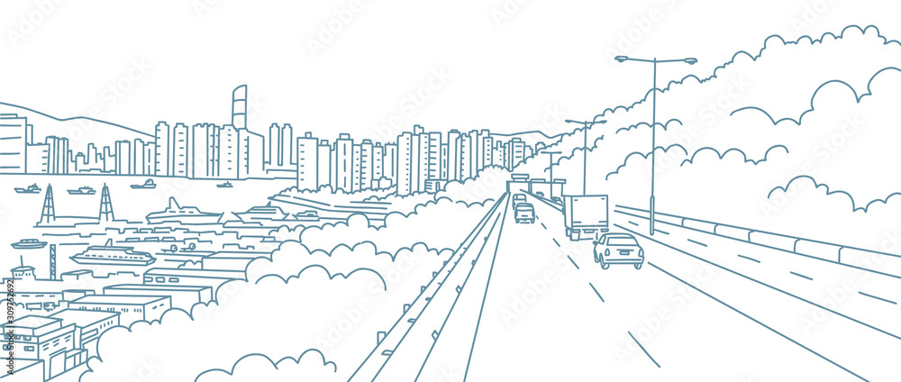 The road to the city. Highway landscape. Along the coast of the river ...