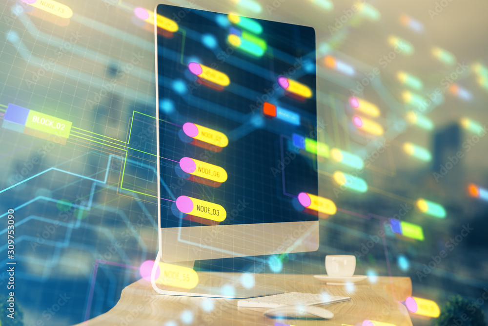 Technology theme drawing and table with computer. Multi exposure ...