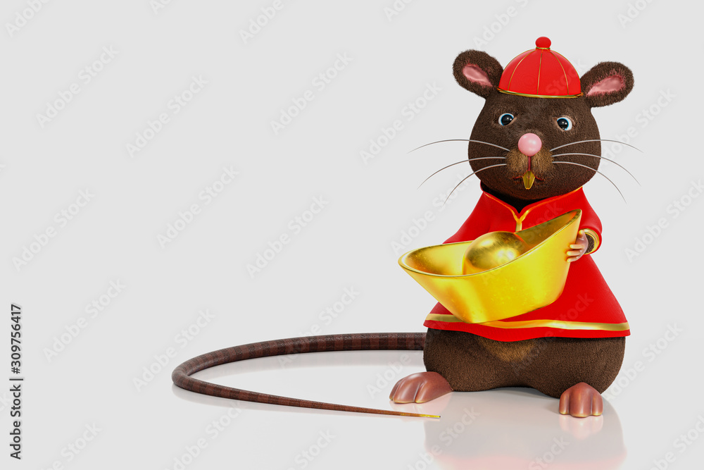 3d rendering a cute Chinese rat character wearing a red dress with hat ...